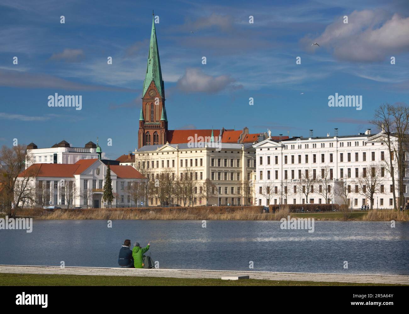 view of the historic old town with Schwerin Cathedral from the floating ...