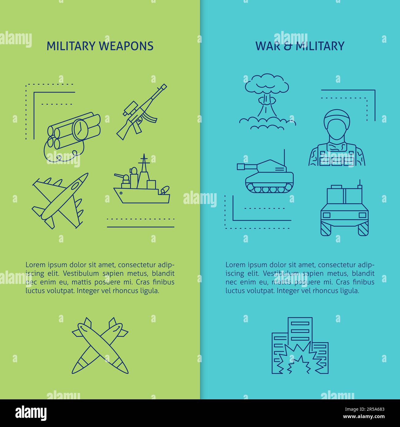 War and military banner templates with line icons. Army, weapons and ...