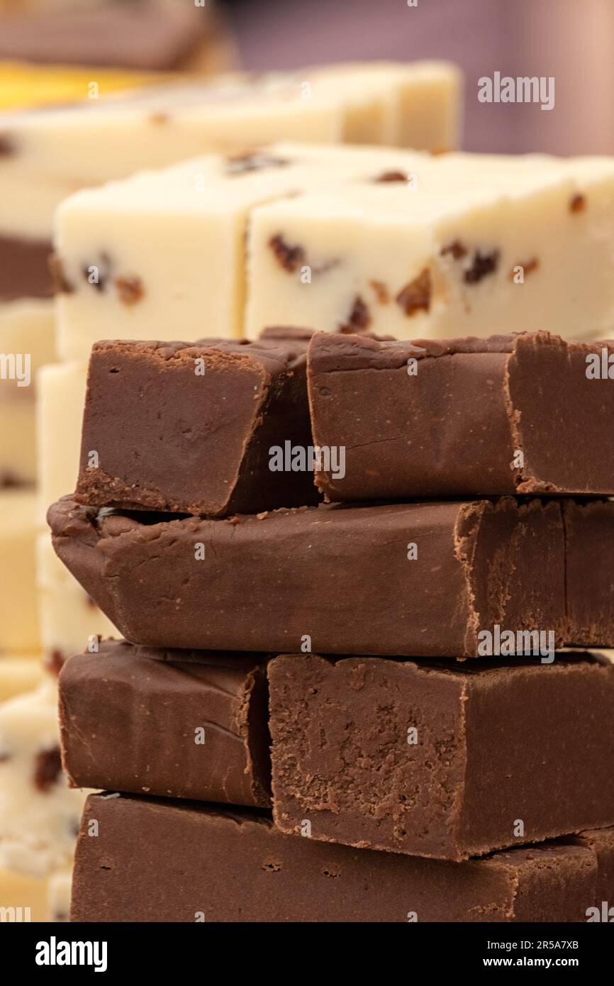 Closeup of home made confectionery fudge at a Food Market Stock Photo ...