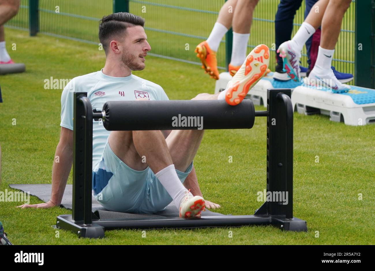 West Ham United's Declan Rice stretches during the training session at ...