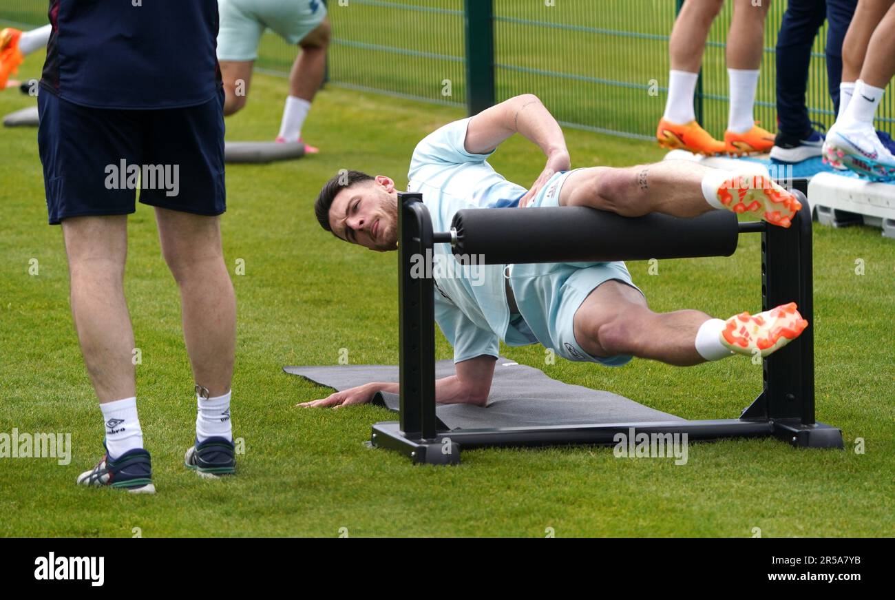 West Ham United's Declan Rice stretches during the training session at ...