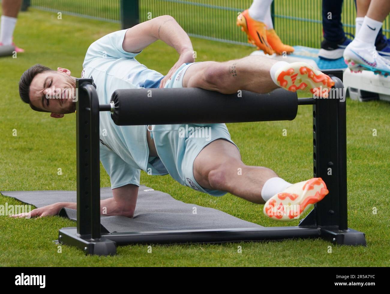 West Ham United's Declan Rice stretches during the training session at ...