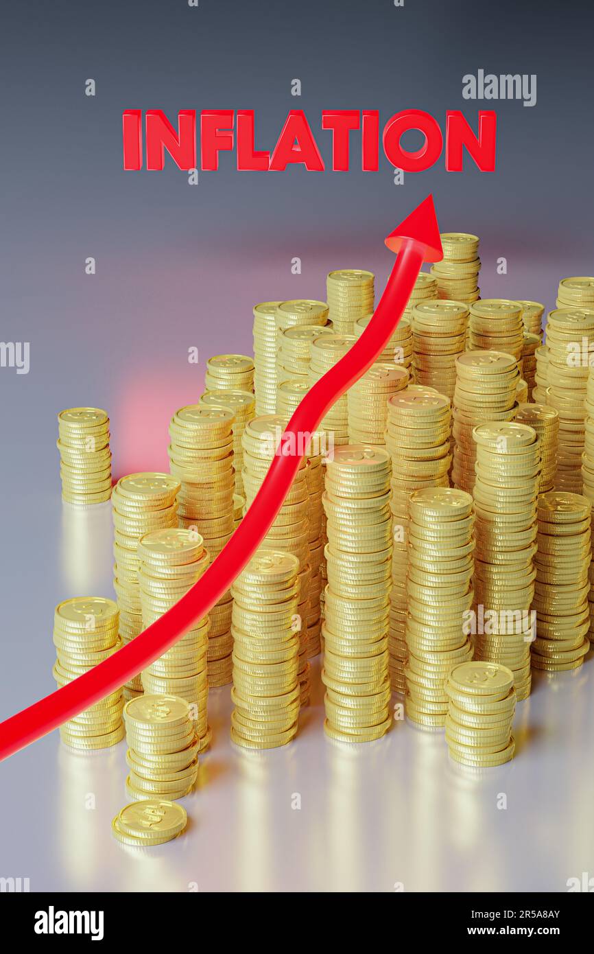Coins and arrow to growing inflation - economic danger Stock Photo - Alamy
