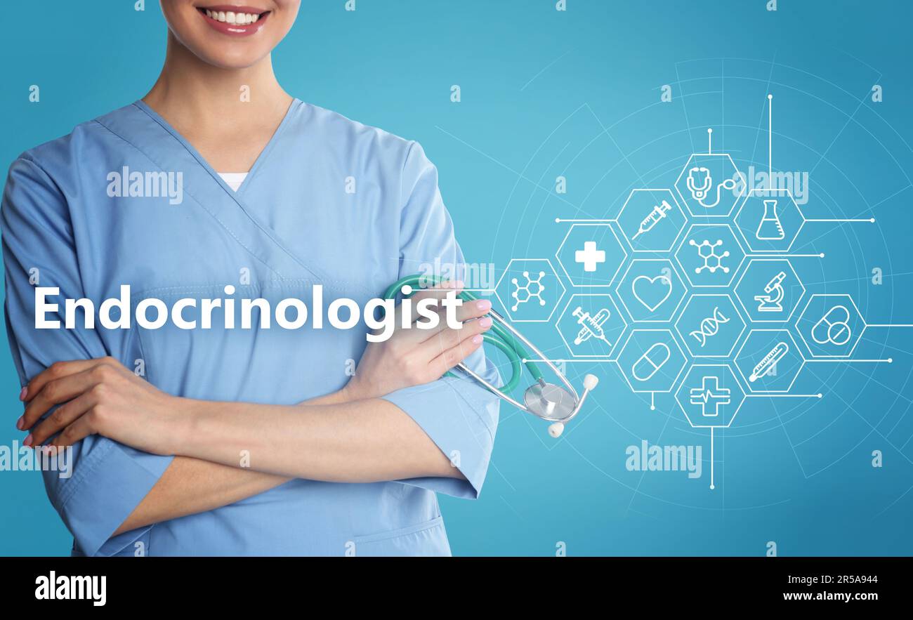 Endocrinologist, word and scheme with icons on light blue background ...