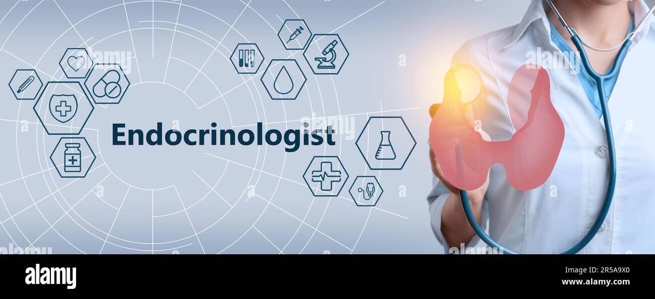 Endocrinologist, thyroid illustration, word and icons on light ...