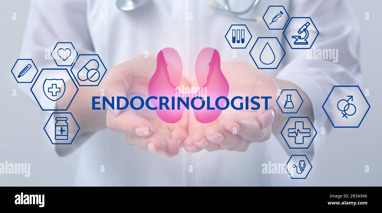Endocrinologist holding thyroid illustration surrounded by icons on ...
