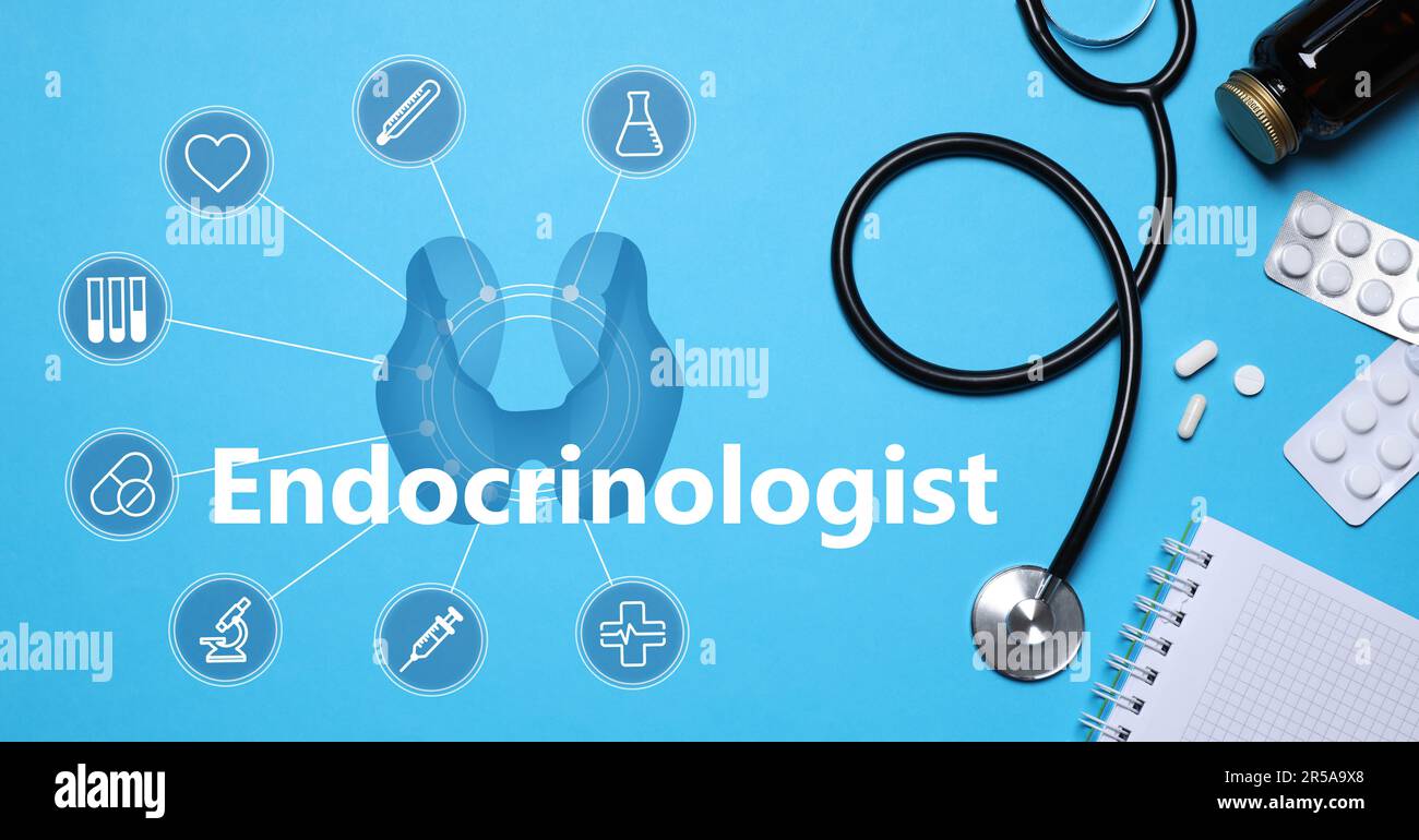 Word Endocrinologist and scheme with thyroid illustration and icons ...