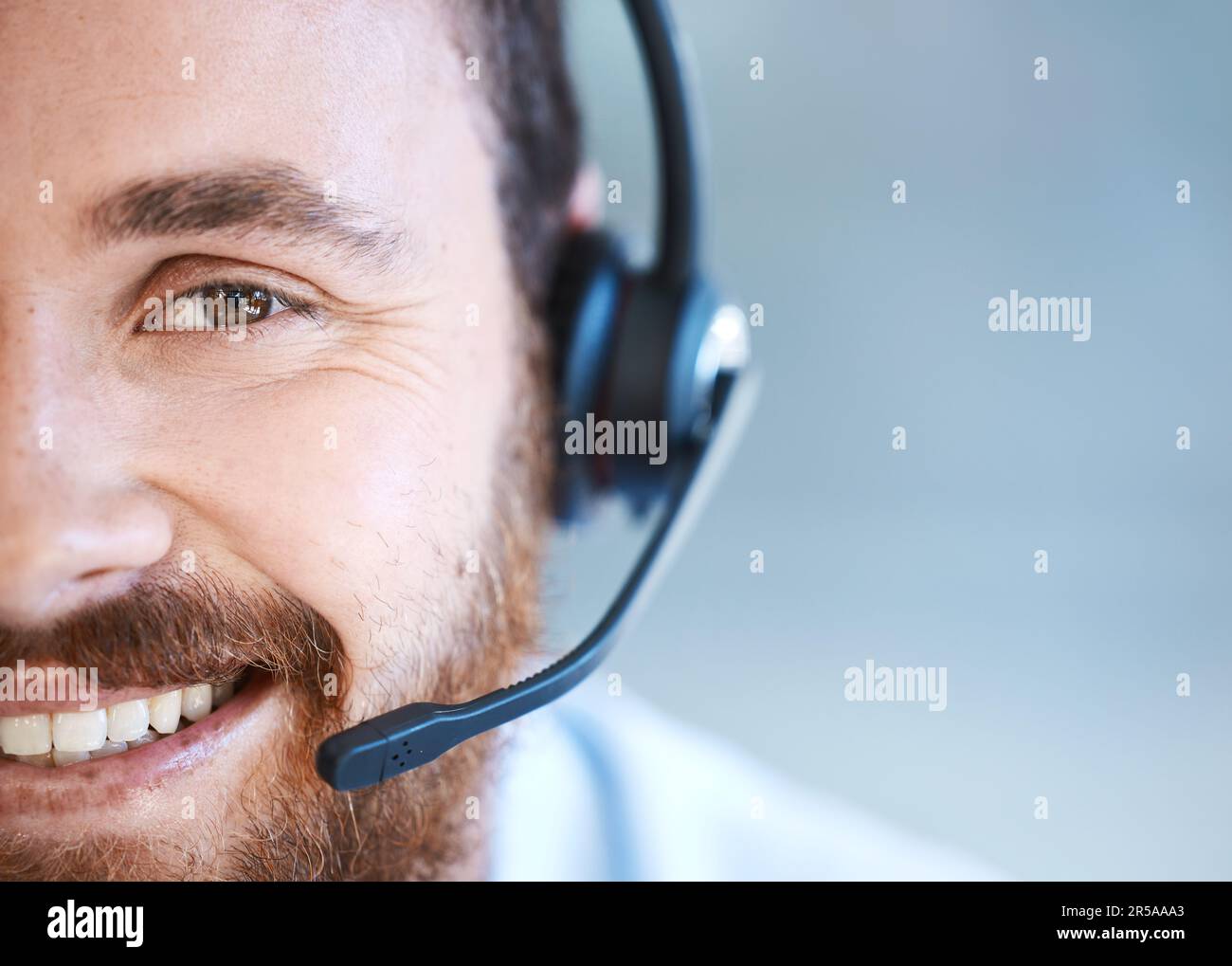 Happy man, call center and face closeup on mockup for customer service ...