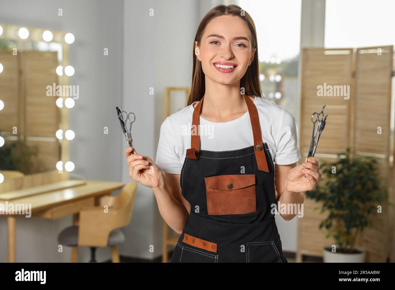 Portrait of happy hairdresser with professional scissors in beauty ...