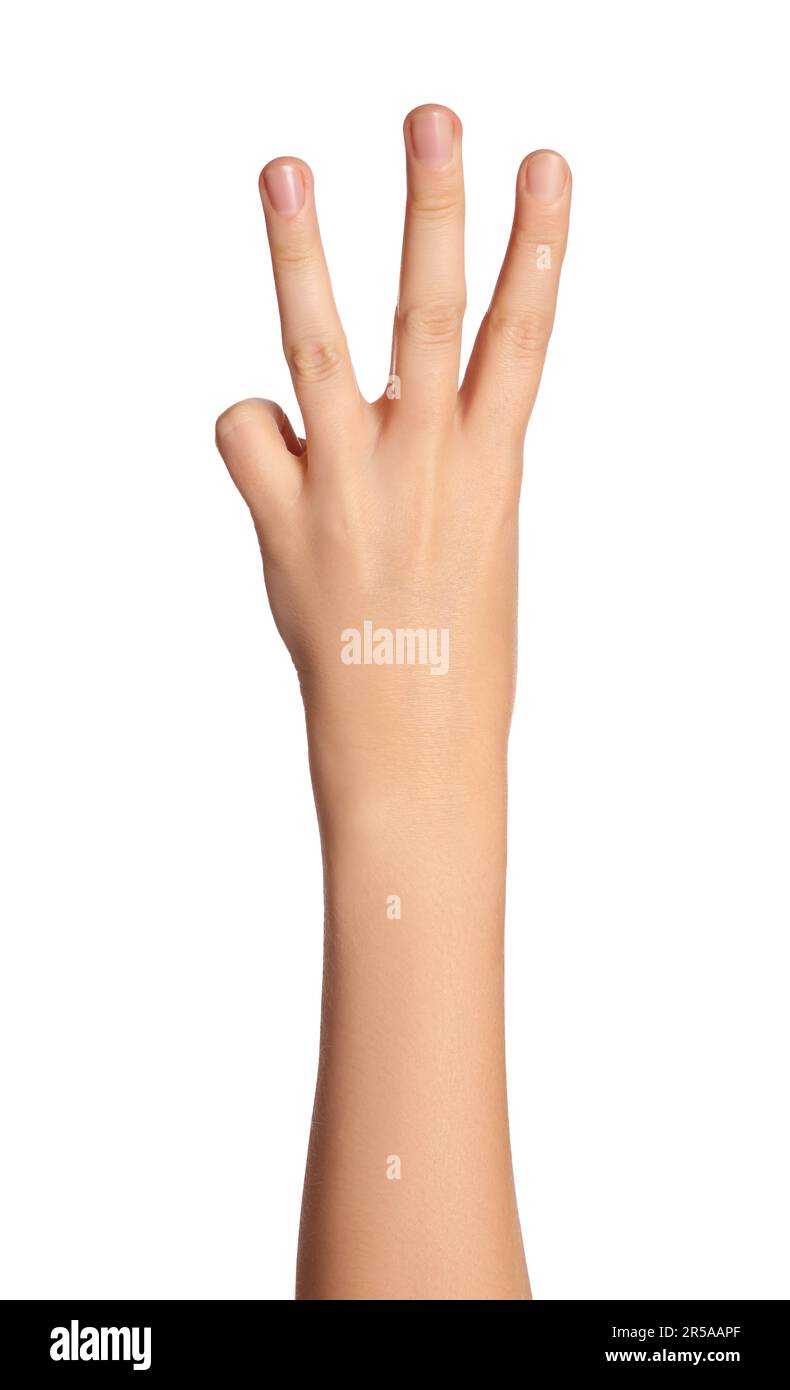 Woman showing three fingers on white background, closeup of hand Stock ...