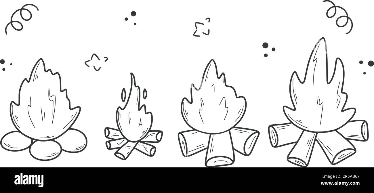 Hand drawn campfire set. Bonfire camping, ink doodle sketch style ...