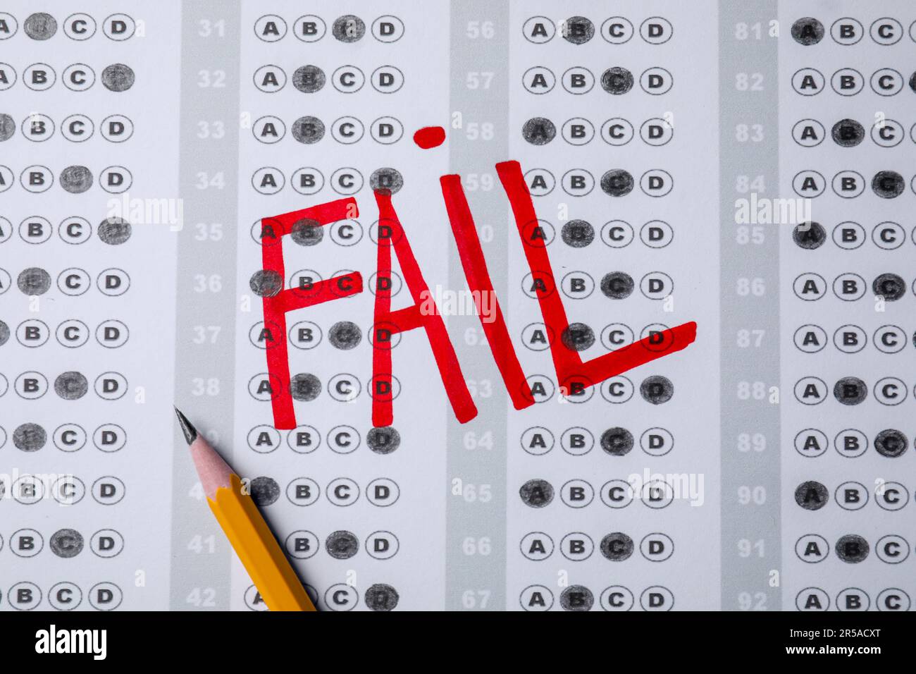 Word Fail written with red marker on answer sheet, flat lay. Student ...