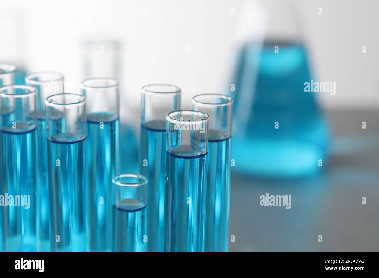 Test tubes with light blue liquid in laboratory, closeup Stock Photo ...