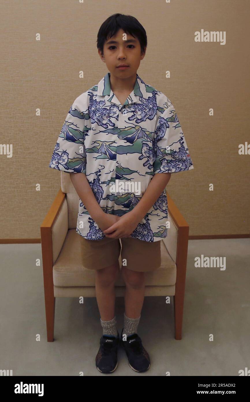 Maholo Onoe poses during an interview at the Kabuki Theater in Tokyo, on May 18, 2023. He is one ...