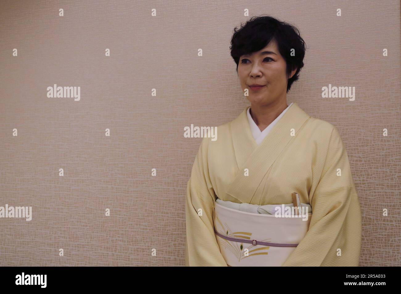 Japanese actress Shinobu Terajima, mother of Maholo Onoe, attends an interview at the Kabuki ...
