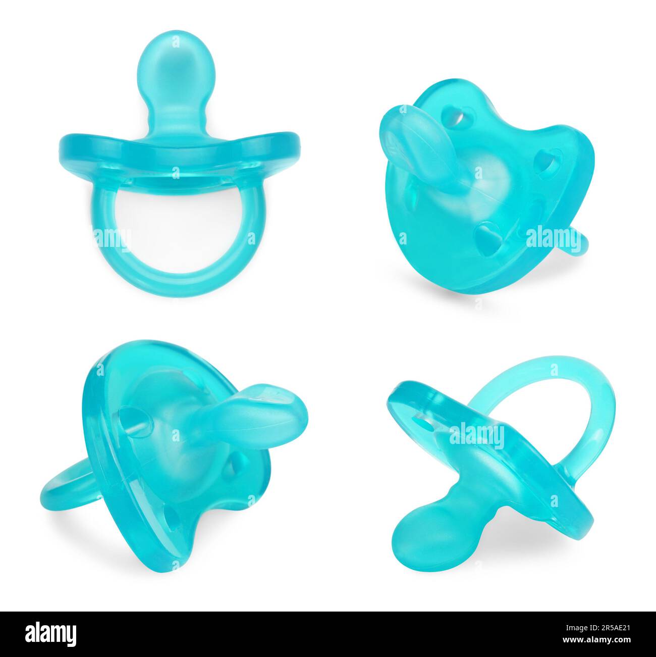 Collage of light blue baby pacifier on white background, views from ...