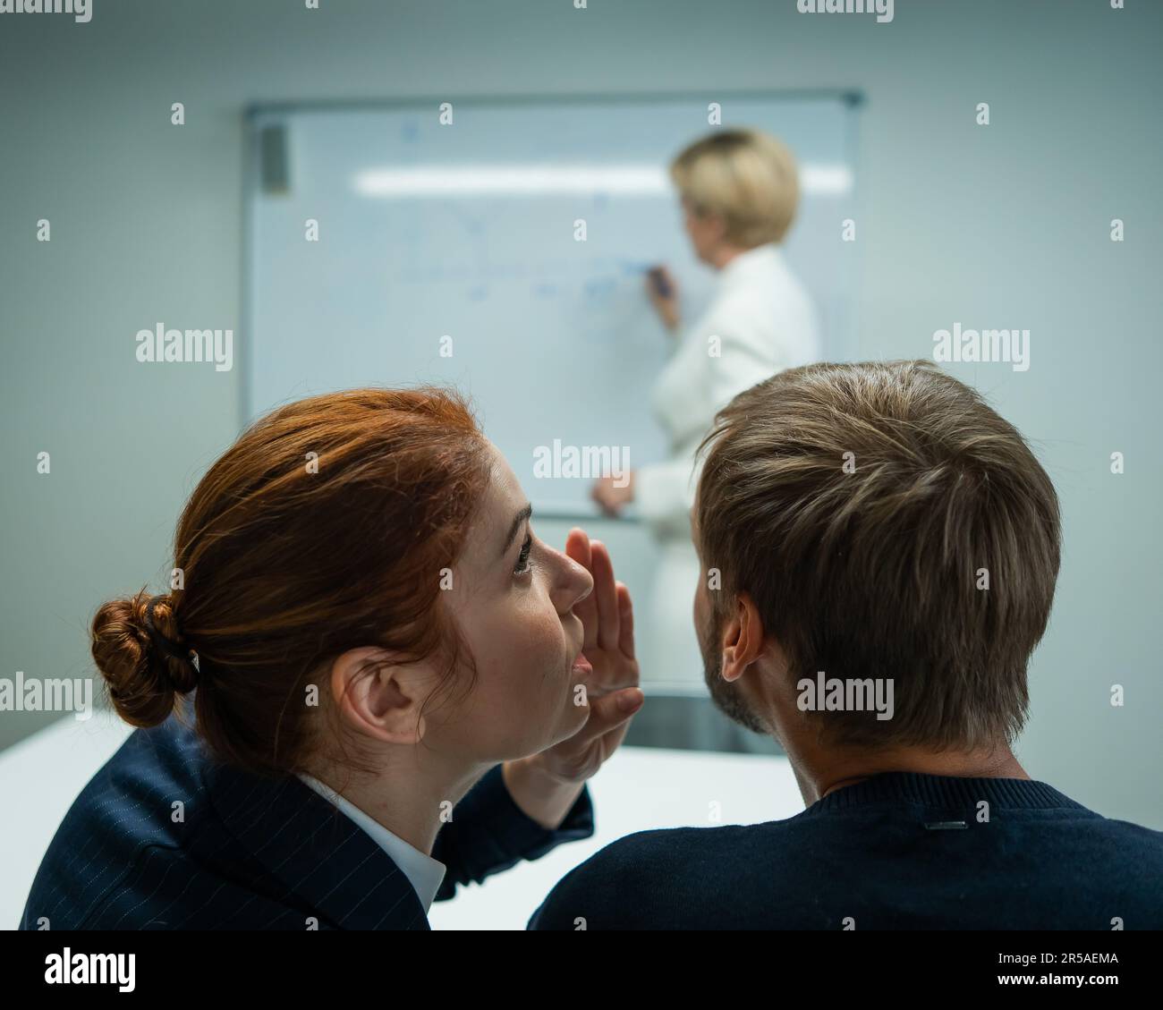 Caucasian woman blonde leads the presentation. Colleagues gossip behind ...