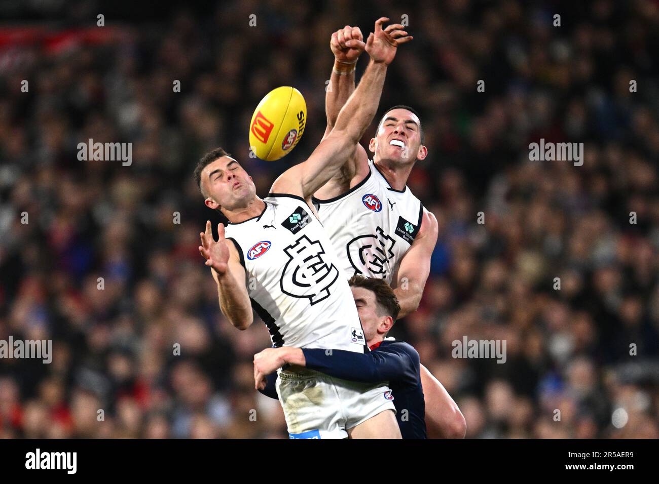 Melbourne, Australia. 02nd June, 2023. Jacob Weitering of Carlton (right) and Alex Cincotta of ...