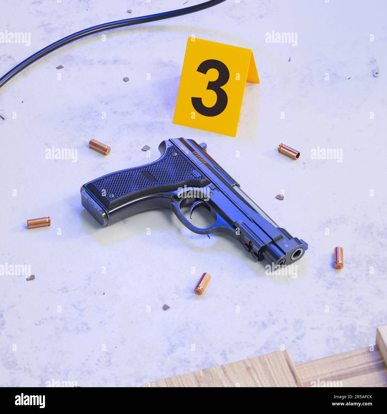 Murder site with pieces of evidence of the crime. The camera shows a ...