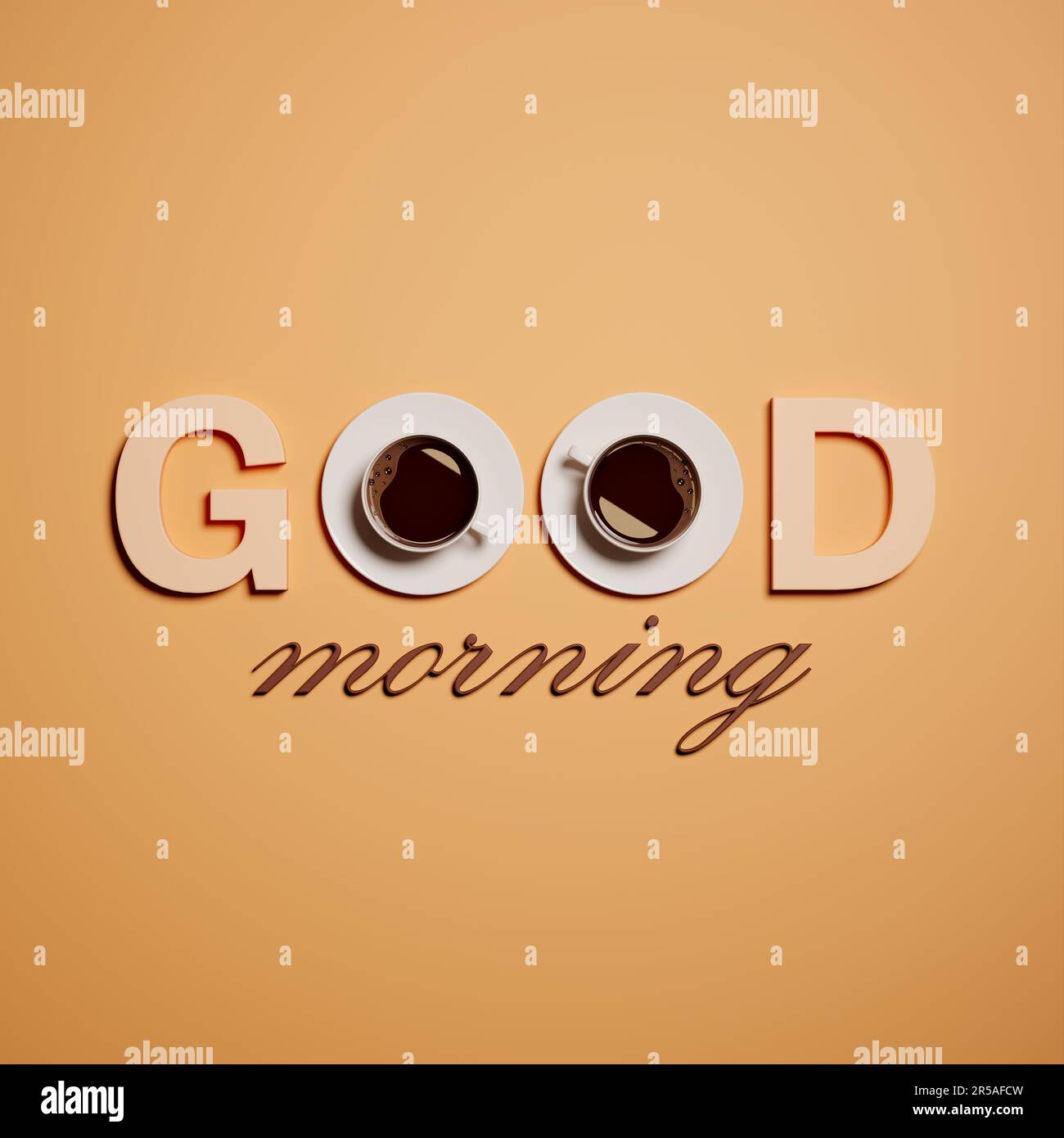Two cups of aromatic coffee on a pastel orange background. Good morning ...