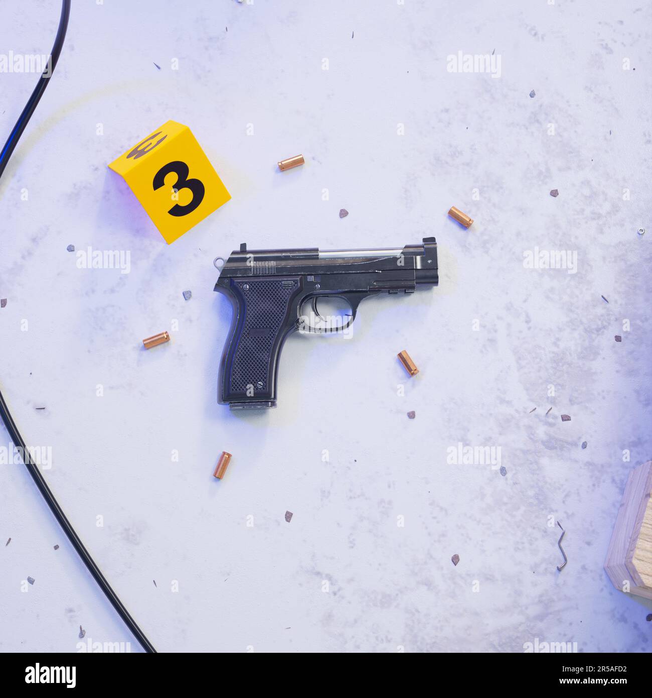 Murder site with pieces of evidence of the crime. The camera shows a ...