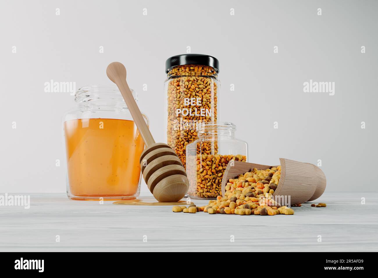 A composition with a jar of honey, dipper, wooden scoop and glass pots ...