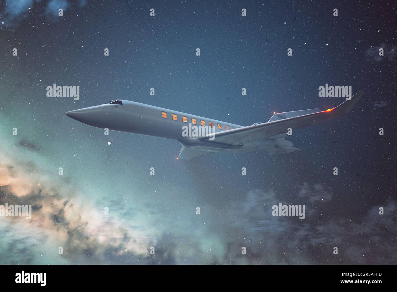Air travel with stunning jet soaring through the dark night sky, framed ...