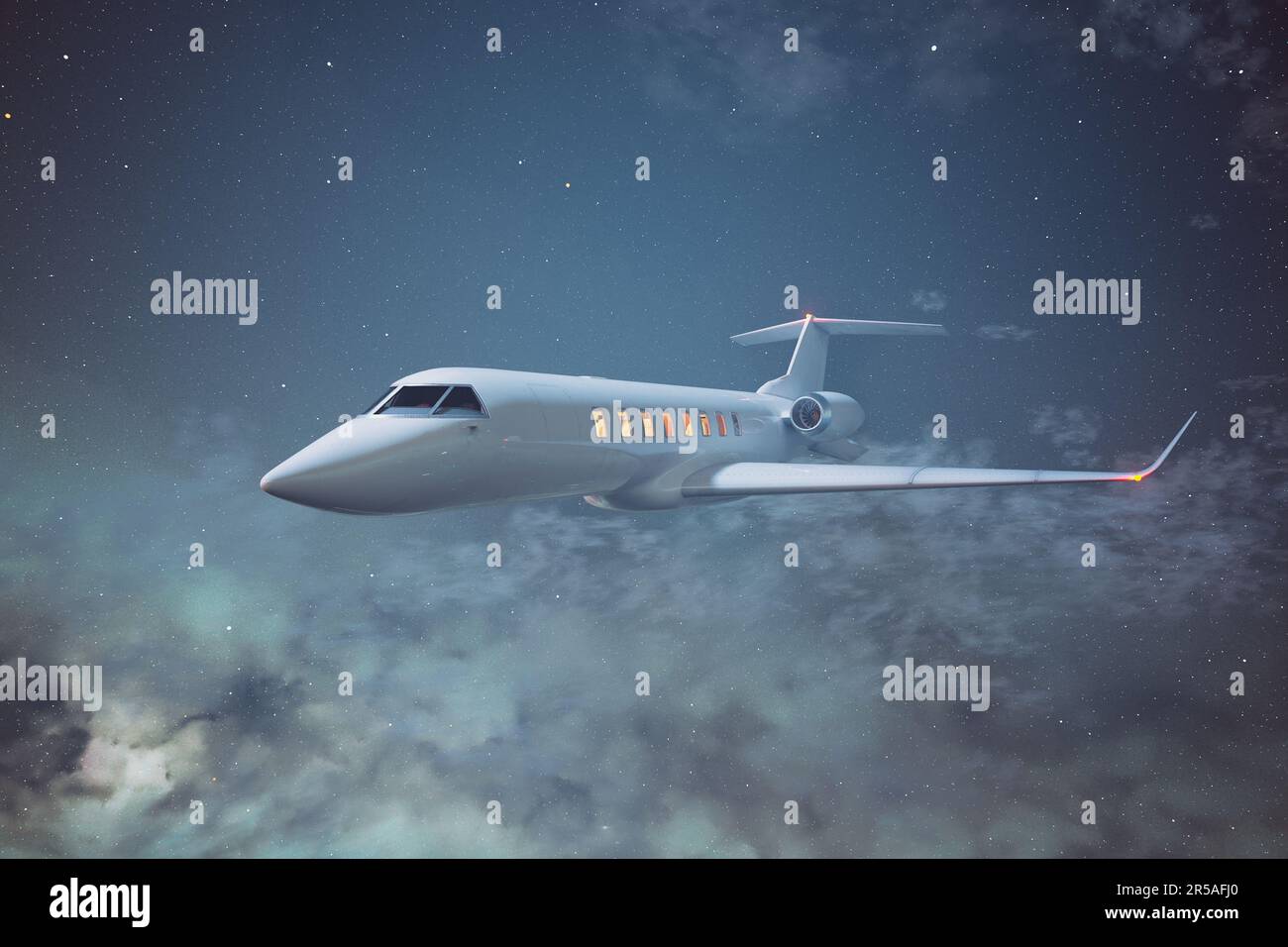 Air travel with stunning jet soaring through the dark night sky, framed ...