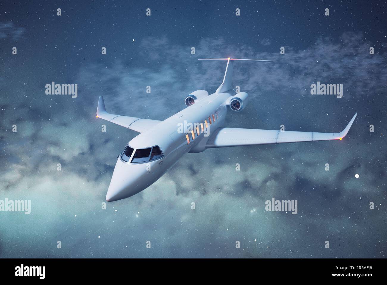 Air travel with stunning jet soaring through the dark night sky, framed ...