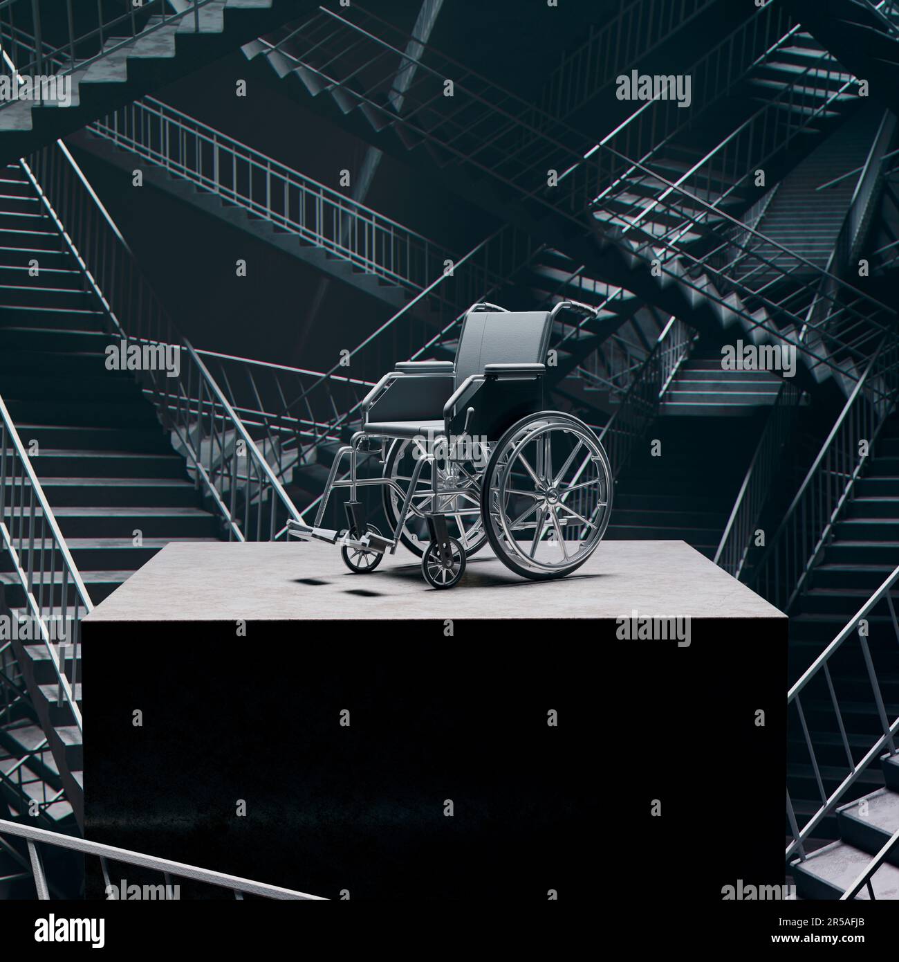 Wheelchair in the labyrinth of stairs. Concept of overcoming ...
