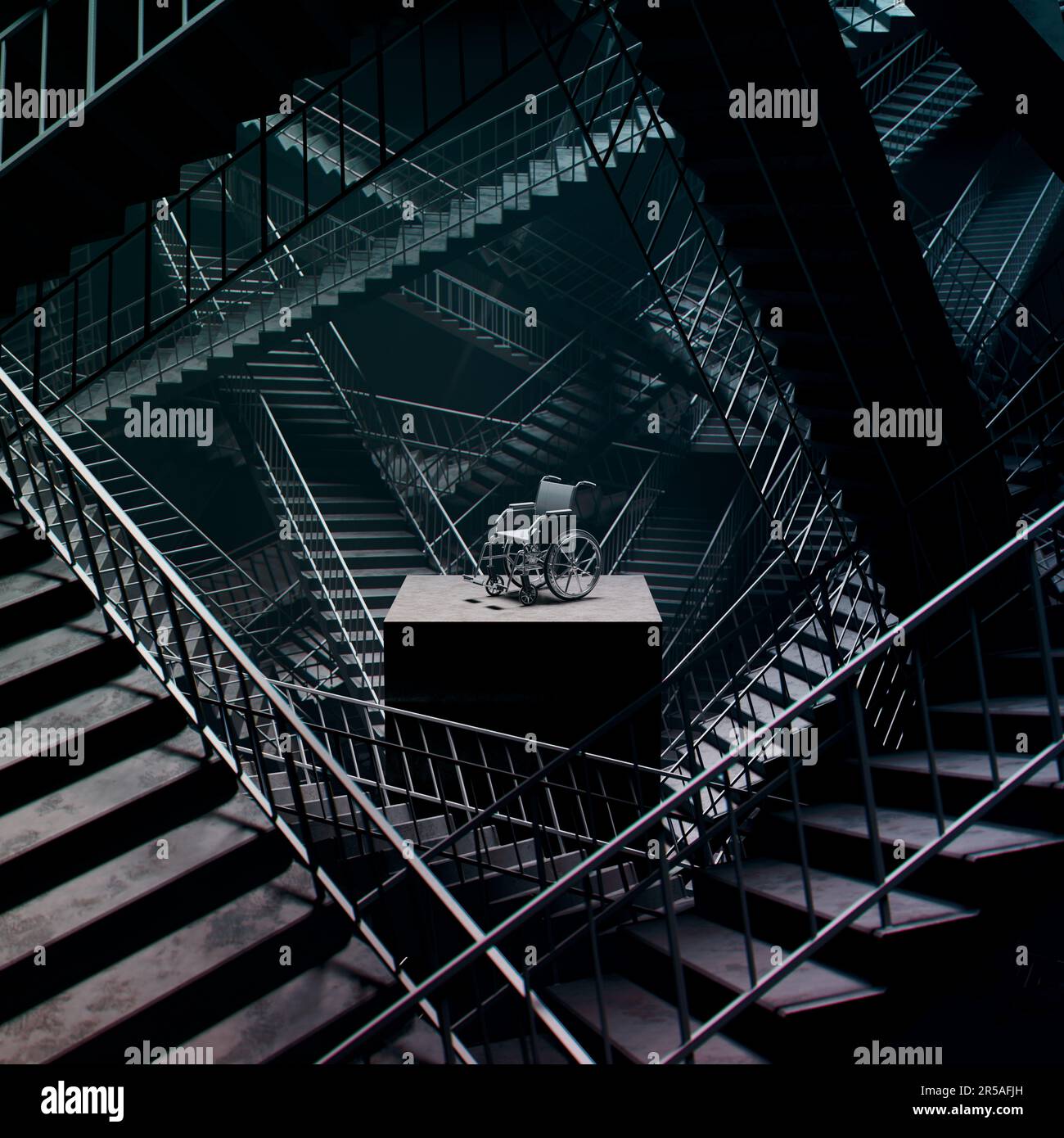 Wheelchair in the labyrinth of stairs. Concept of overcoming ...