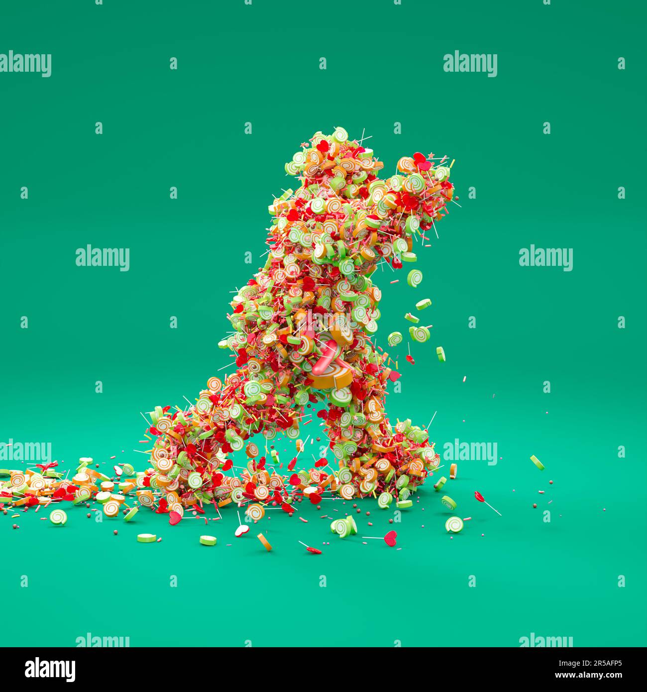 A funny creature made of lollipops running and losing some parts of ...