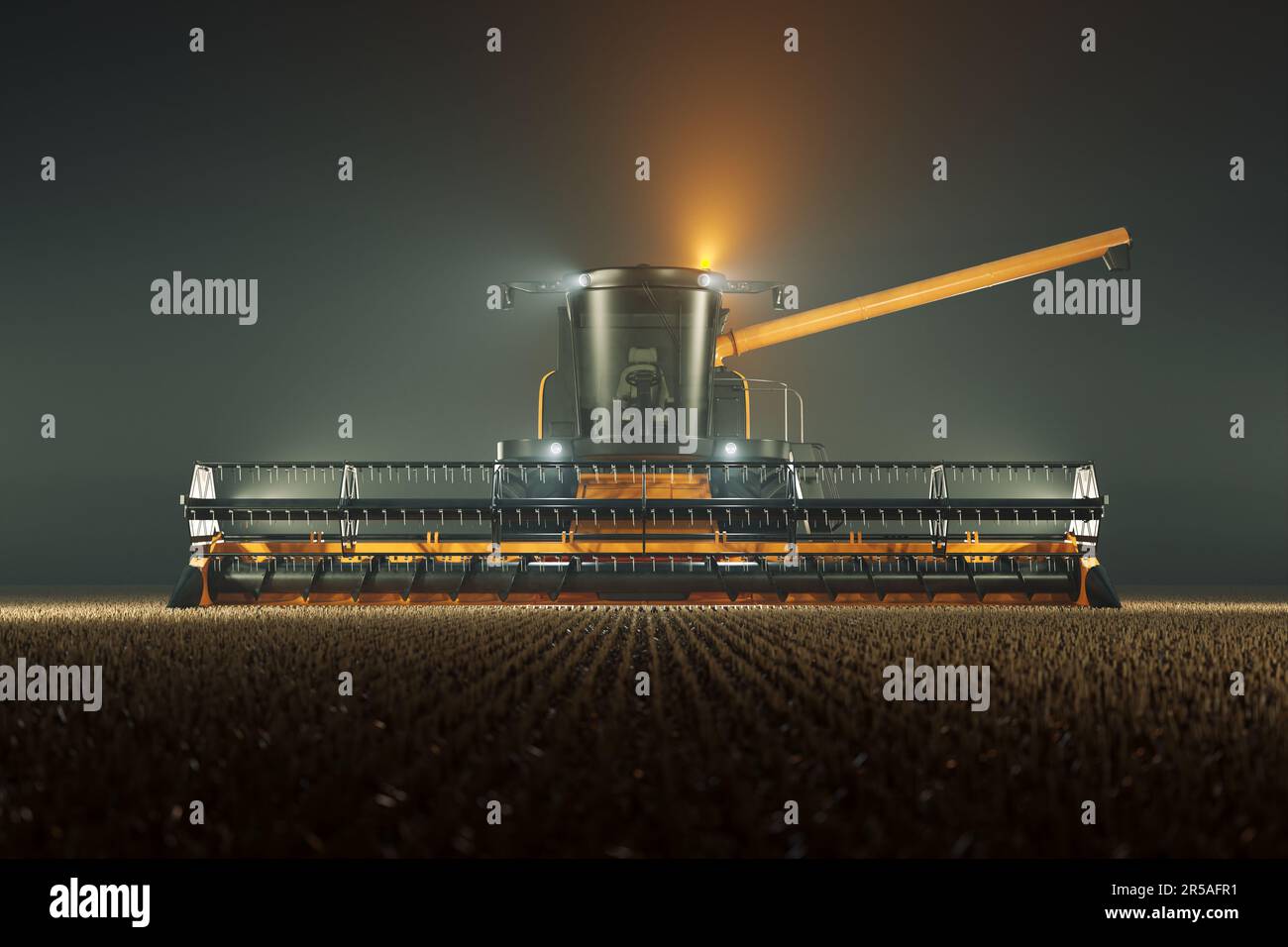 Huge combine-harvester with flashing lights at night in a field. Vast ...