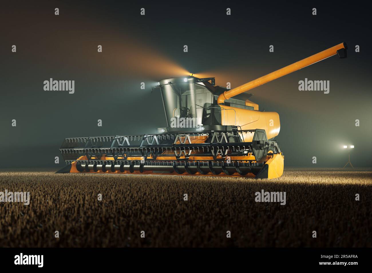 Huge combine-harvester with flashing lights at night in a field. Vast ...