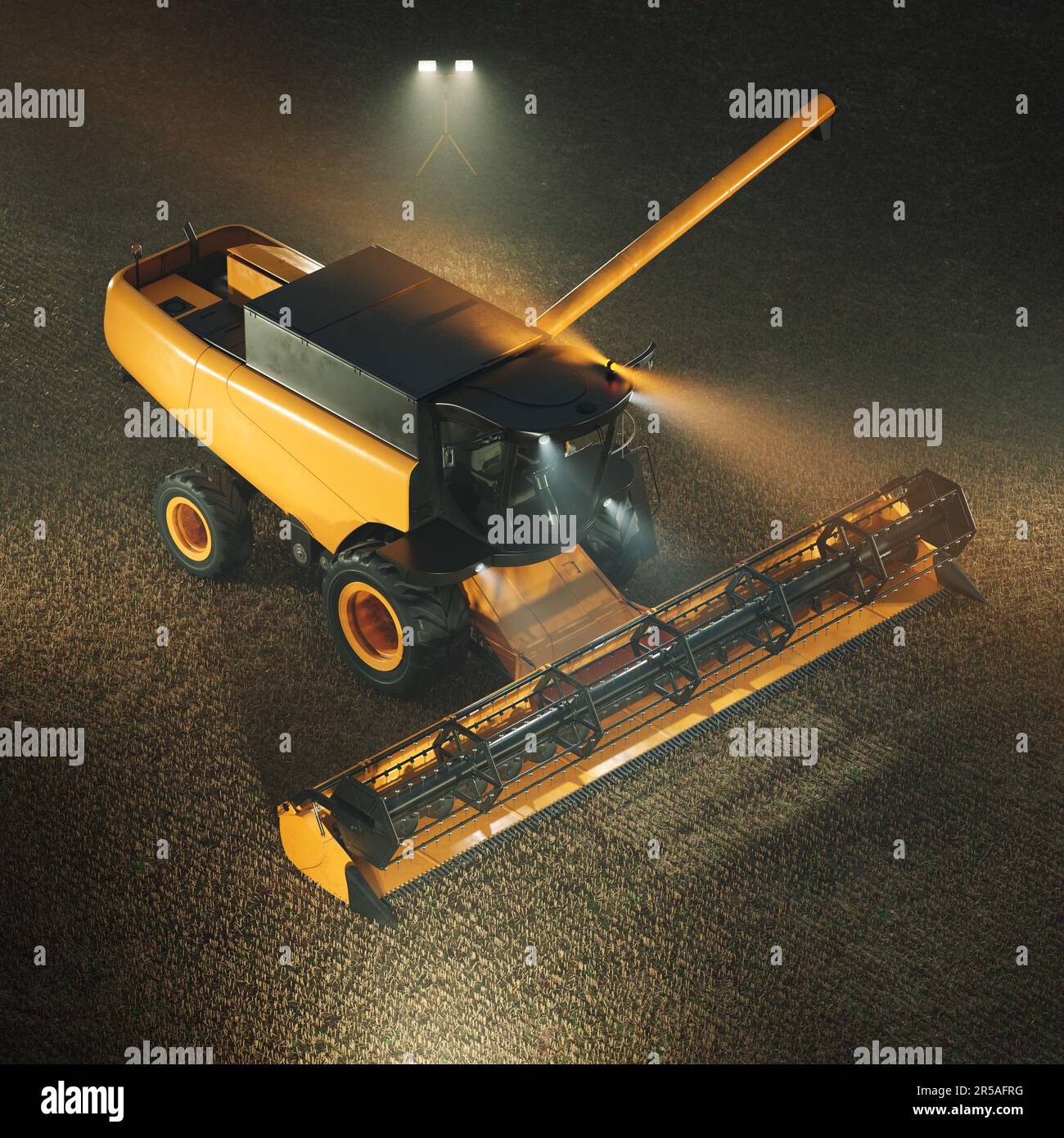 Huge combine-harvester with flashing lights at night in a field. Vast ...