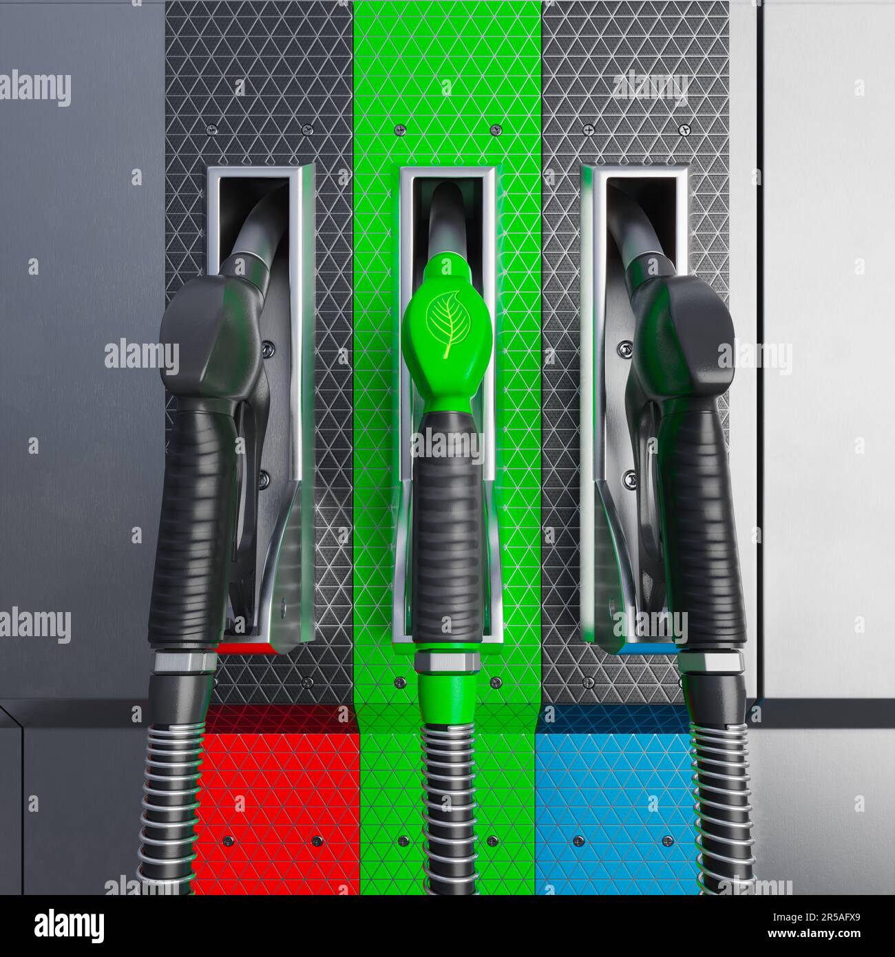 Close up on fuel dispenser with gas pump nozzle with a green handle and ...