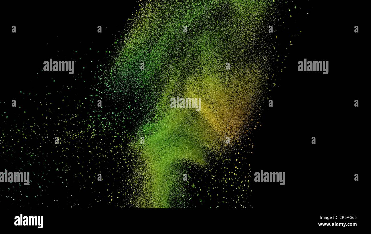 falling green particles, colored powder isolated on black background ...