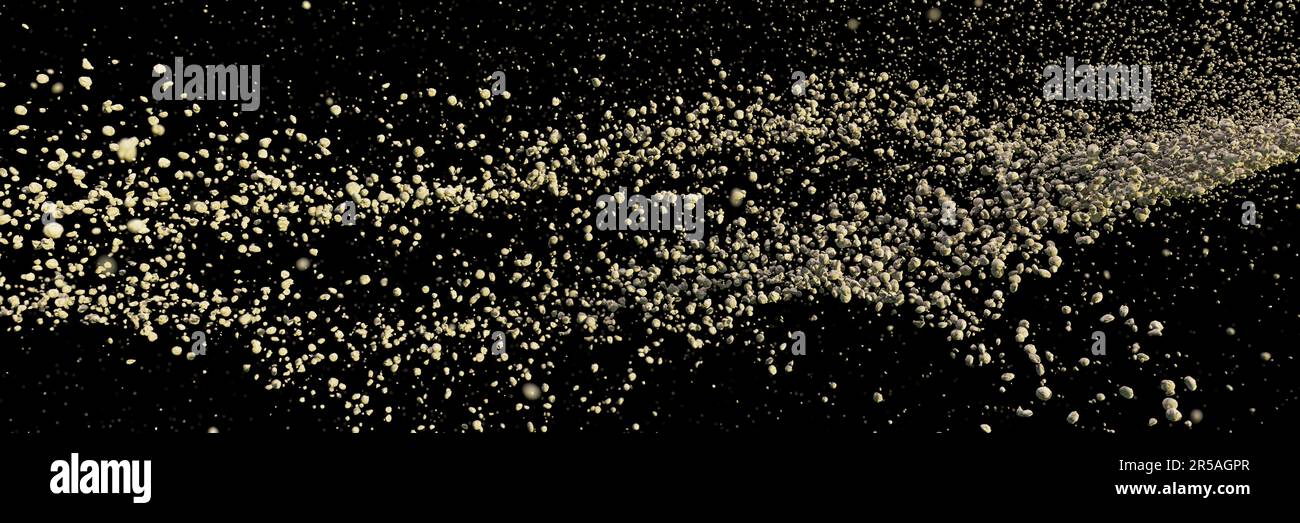 debris, flying sand and stones, isolated on black background banner ...