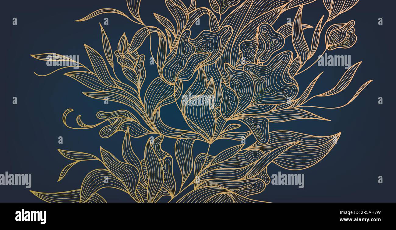 Vector art deco luxury flower line pattern, golden background. Hand ...