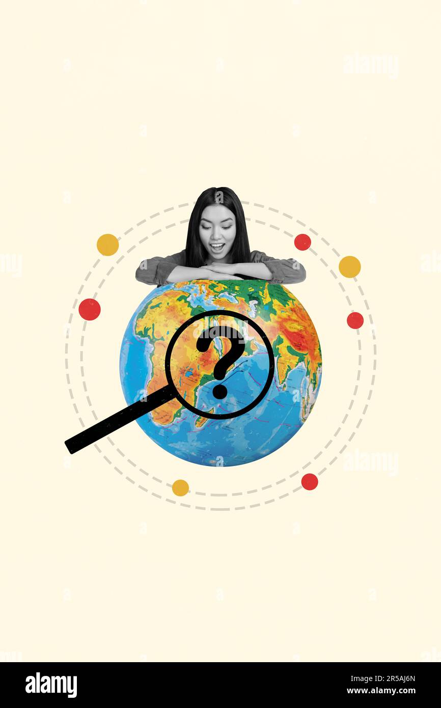 Vertical collage picture of excited black white effect girl look planet ...