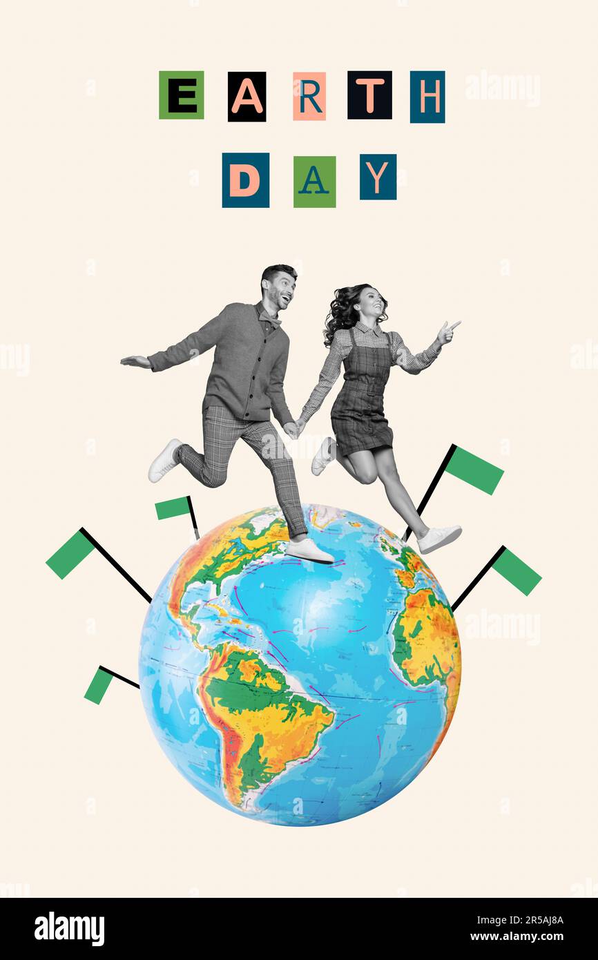 Two young people couple friends running together have fun over planet ...