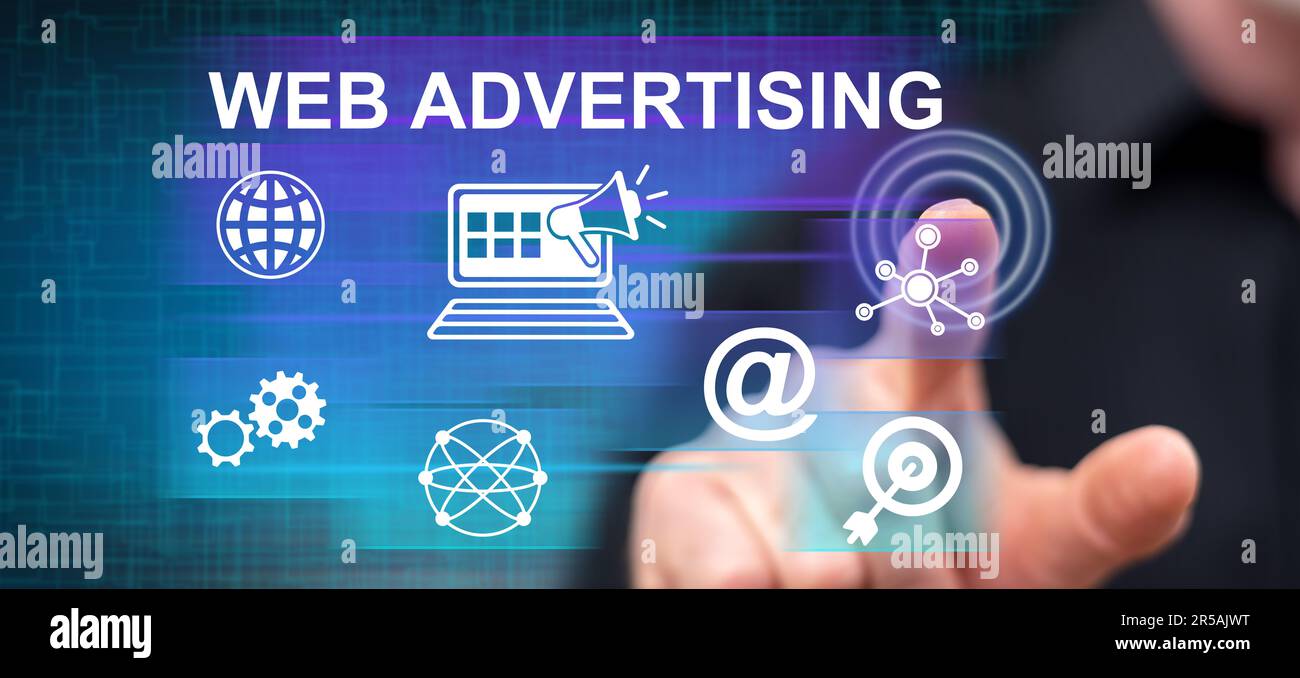 Man touching a web advertising concept on a touch screen with his ...