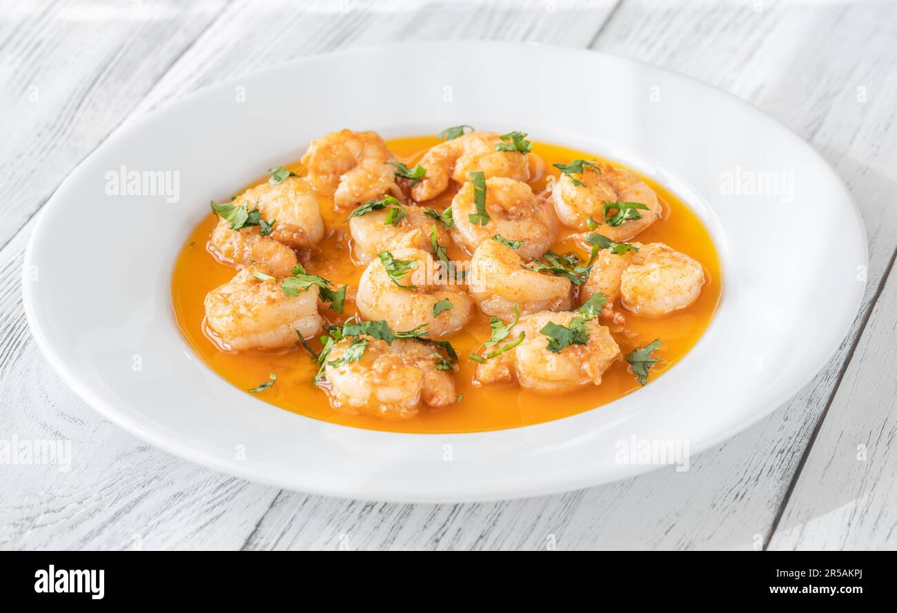 Gambas al ajillo - prawns cooked in a garlic and hot paprika oil Stock ...