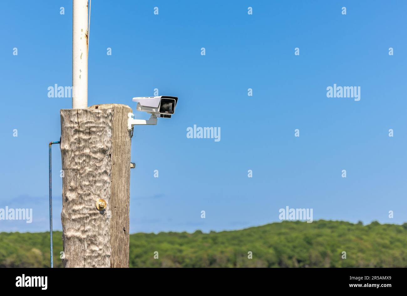 High tech camera mounted on a wood piling at the shelter island south ...