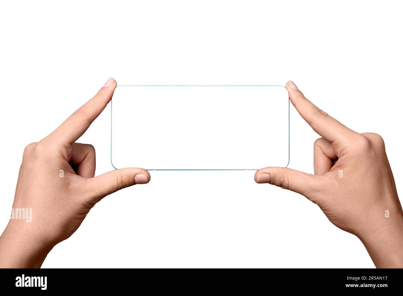 mobile phone with white blank empty screen in hands isolated on white ...