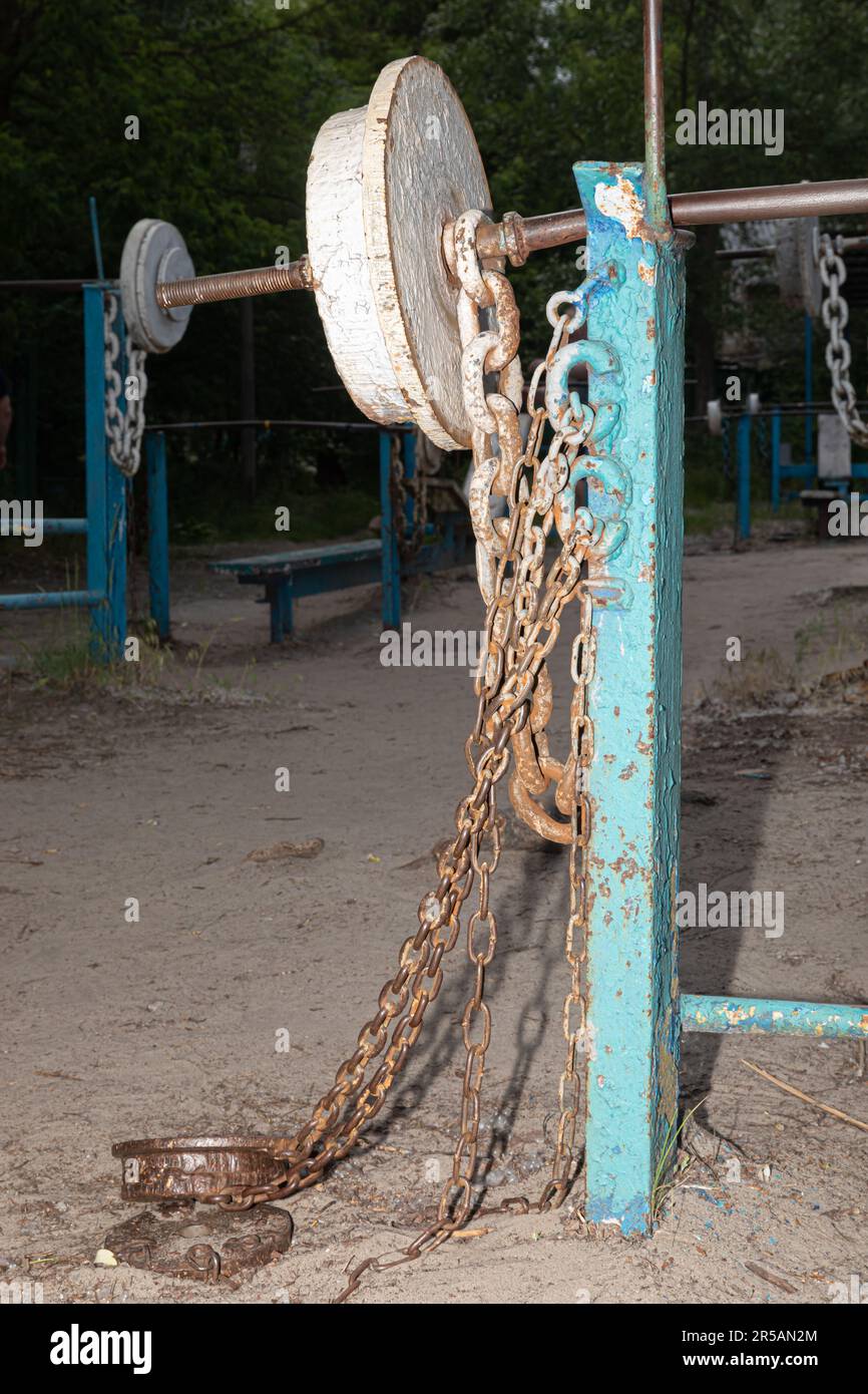 KYIV, UKRAINE - May. 27, 2023: Old sports equipment can be seen in ...