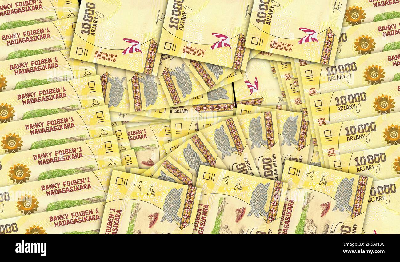 Madagascar Ariary banknotes in a cash fan mosaic pattern. Malagasy MGA ...