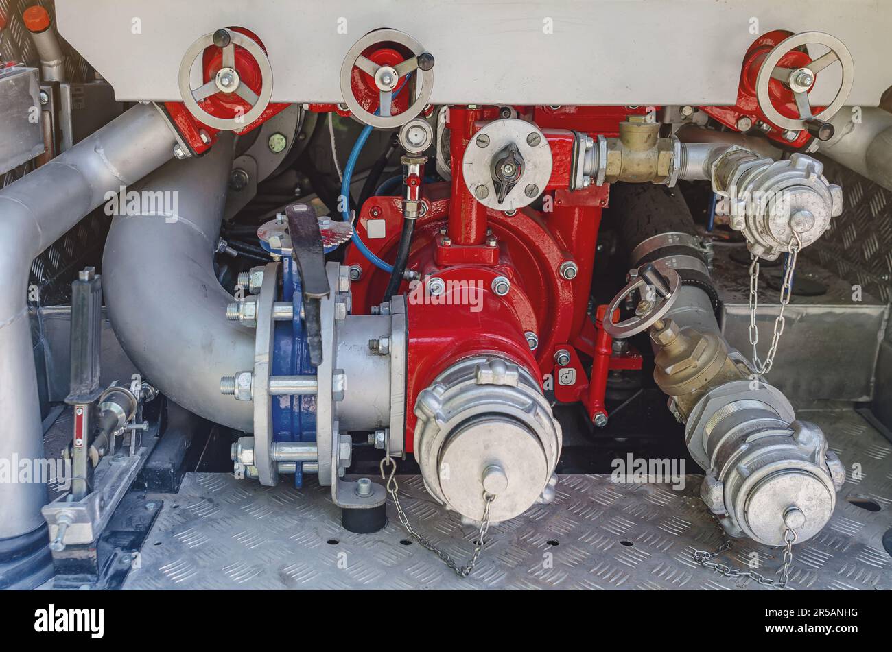 Pipe connection system in fire truck Stock Photo - Alamy