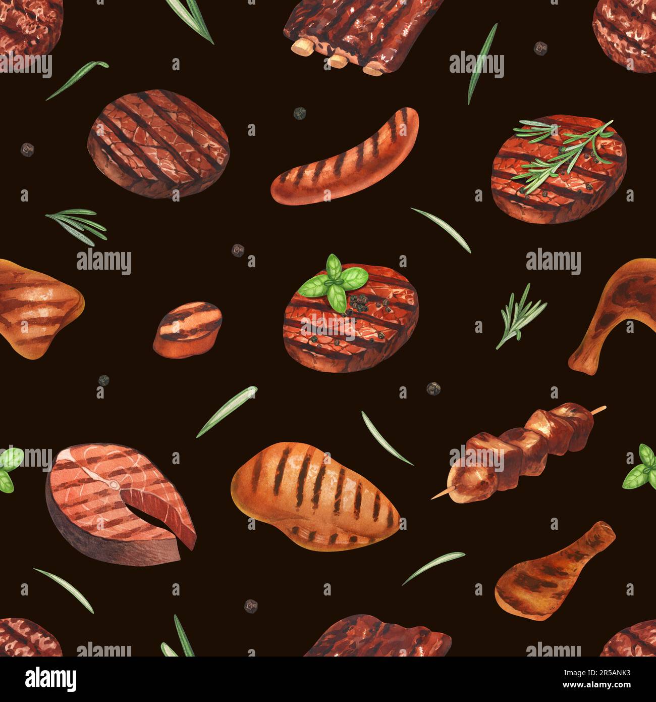 Watercolor pattern seamless grilled meat hamburger and steak beef. Hand ...