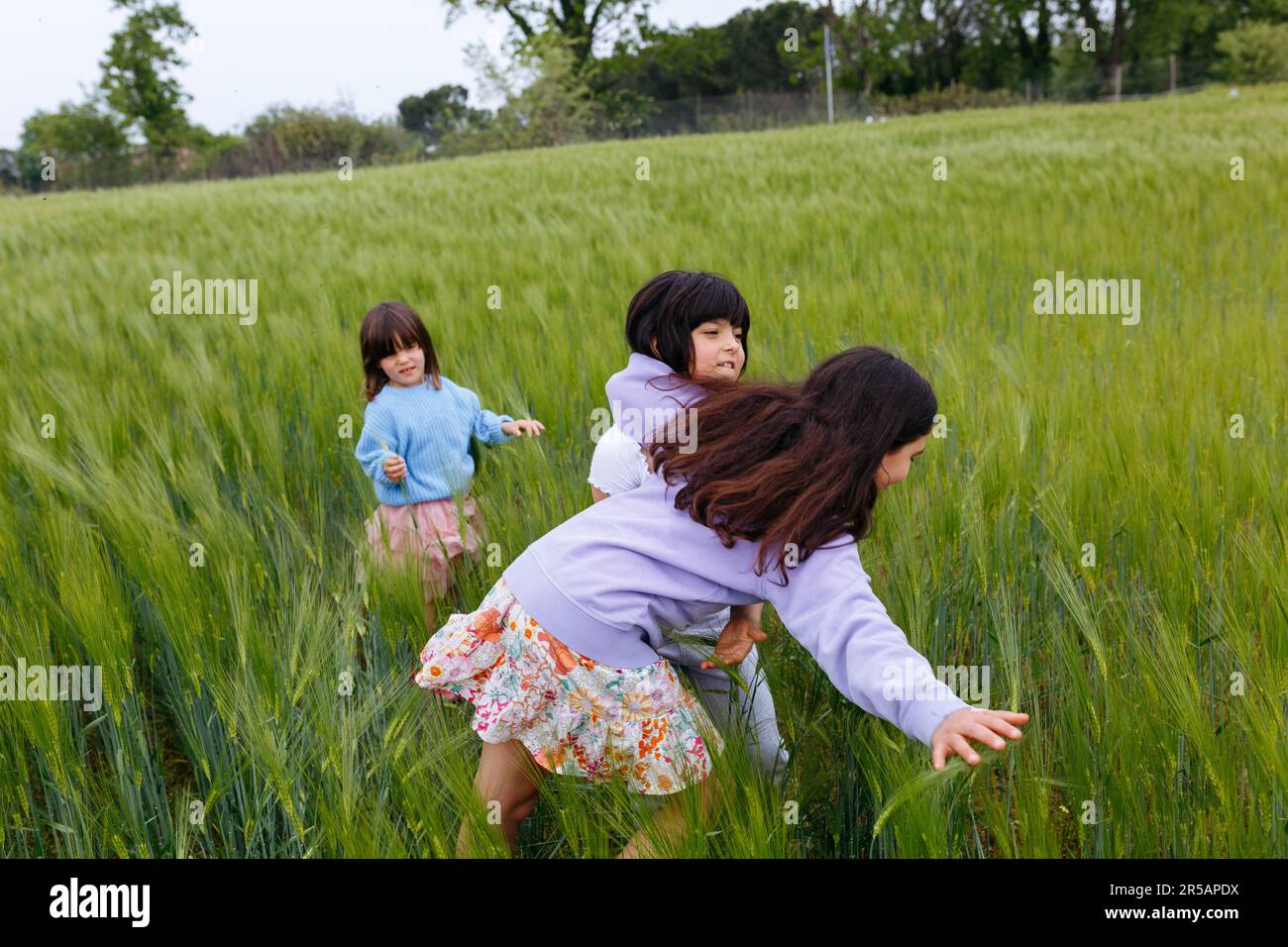 three children playing and having fun outdoors Stock Photo - Alamy